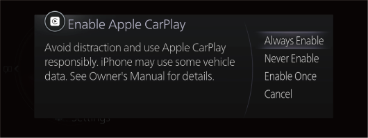Always Enable : Enables Apple CarPlay -™ each time without a confirmation.